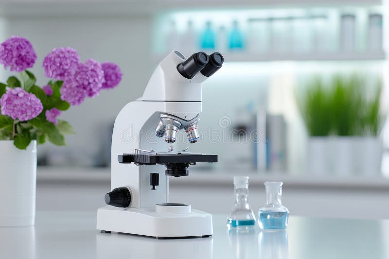 Microscope in a Laboratory with Blurred Lighting in the Background ...