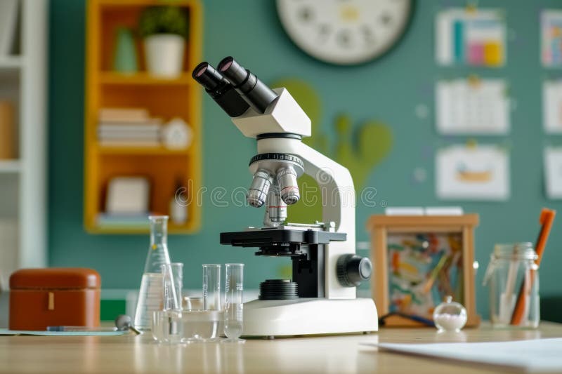 Microscope on Laboratory Desk Surrounded by Glassware and Educational ...
