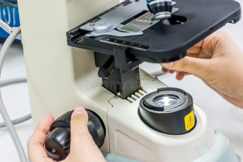 Microscope in laboratory stock photo. Image of micro - 93359698