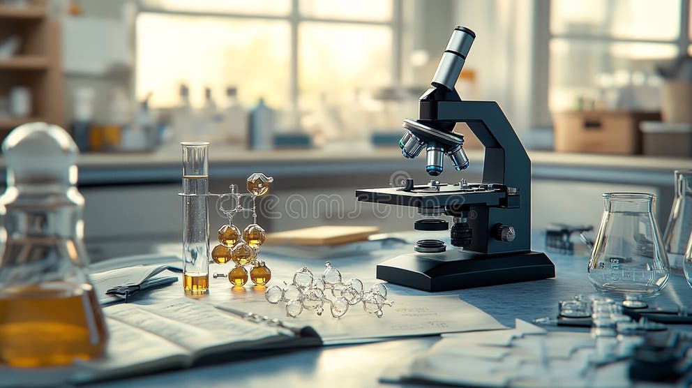 Microscope with Laboratory Equipment in Focused Setup Stock ...
