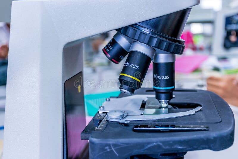 Microscope in laboratory stock image. Image of micromicrobiology - 93359551