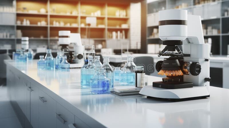 Microscope and Laboratory Equipments on Empty Desk in Science ...