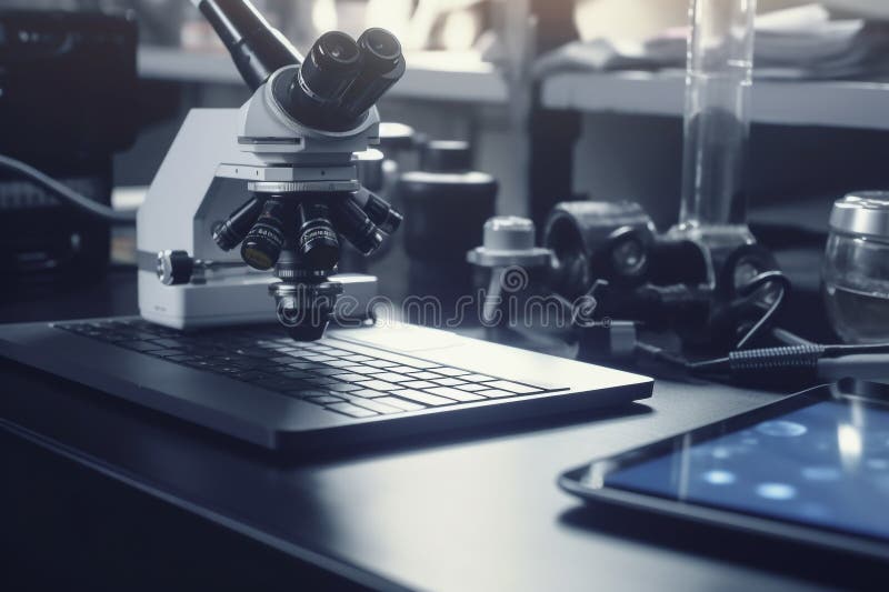 Microscope and Laptop Computer on Laboratory Desk, AI Generative Stock ...