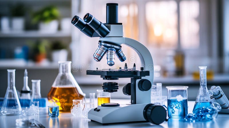 Microscope with Lens Focused on Samples in Laboratory Stock Photo ...