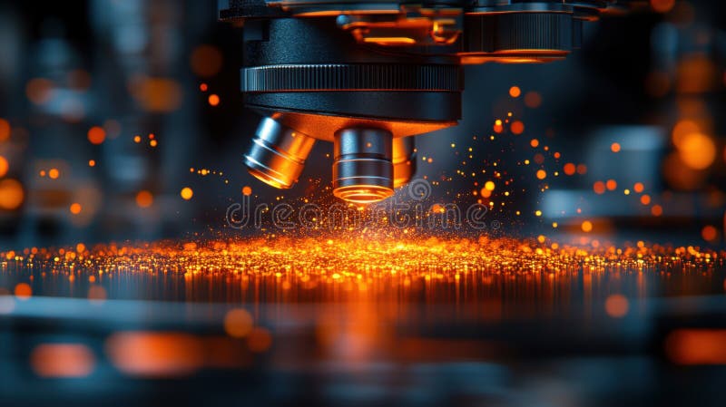 A Microscope Lens with Glowing Particles Emanating from the Stage ...