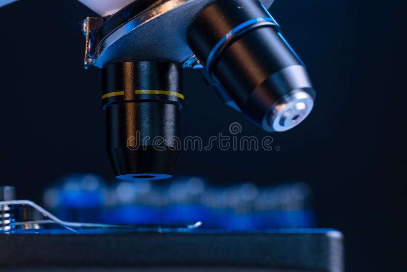 Microscope with Lenses Close Up Against Dark Background Stock Image ...
