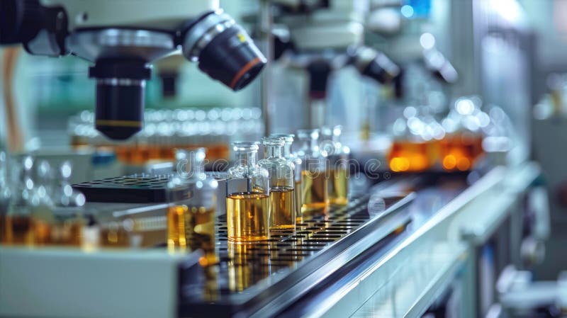 Microscope is Looking at Bottles of Liquid in a Laboratory. High ...