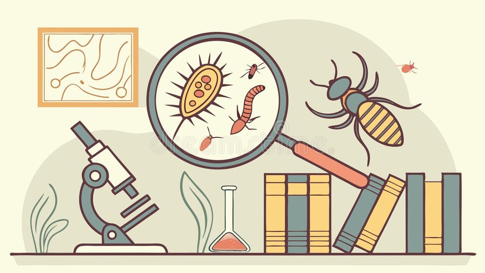 Microscope, Magnifying Glass, and Insects for Biological Study, Vector ...