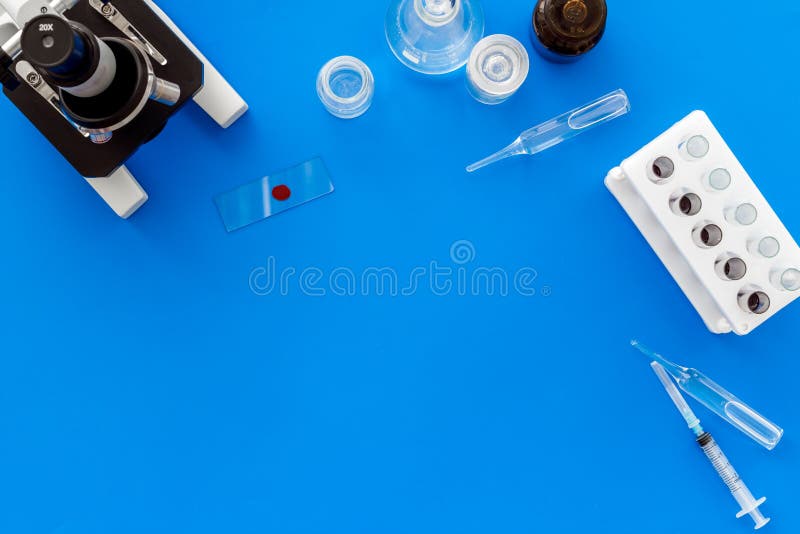 Microscope Medical Reserch. Blood Sample for Analysis. Blue Table Top ...