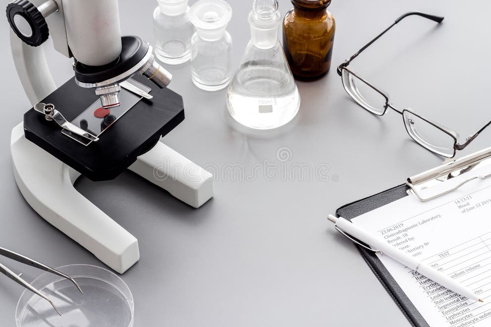 Microscope Medical Reserch. Blood Sample for Analysis. Grey Table Copy ...