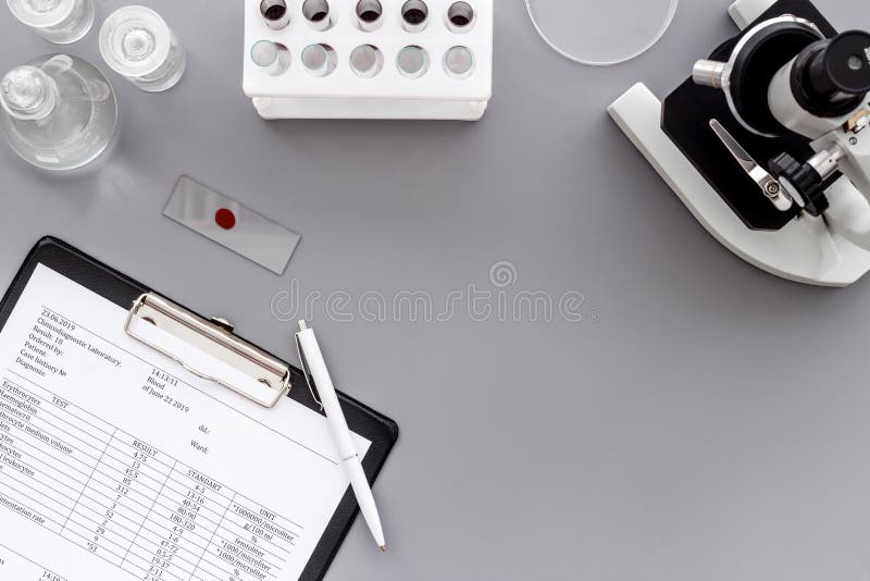 Microscope Medical Reserch. Blood Sample for Analysis. Grey Table Top ...