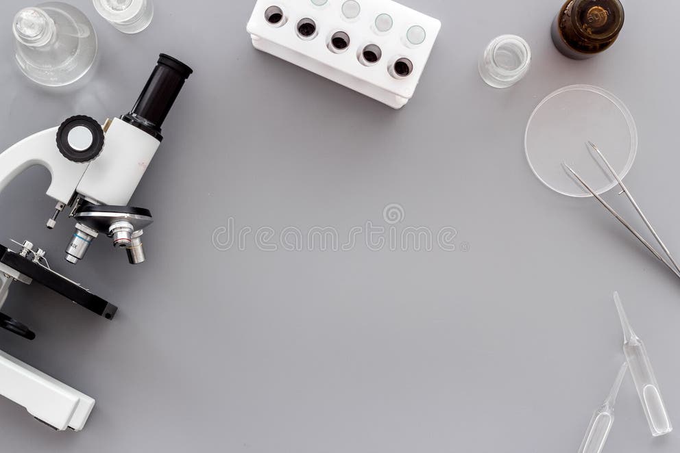 Microscope Medical Reserch. Blood Sample for Analysis. Grey Table Top ...