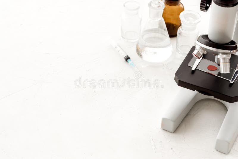 Microscope Medical Reserch. Blood Sample for Analysis. White Table Copy ...