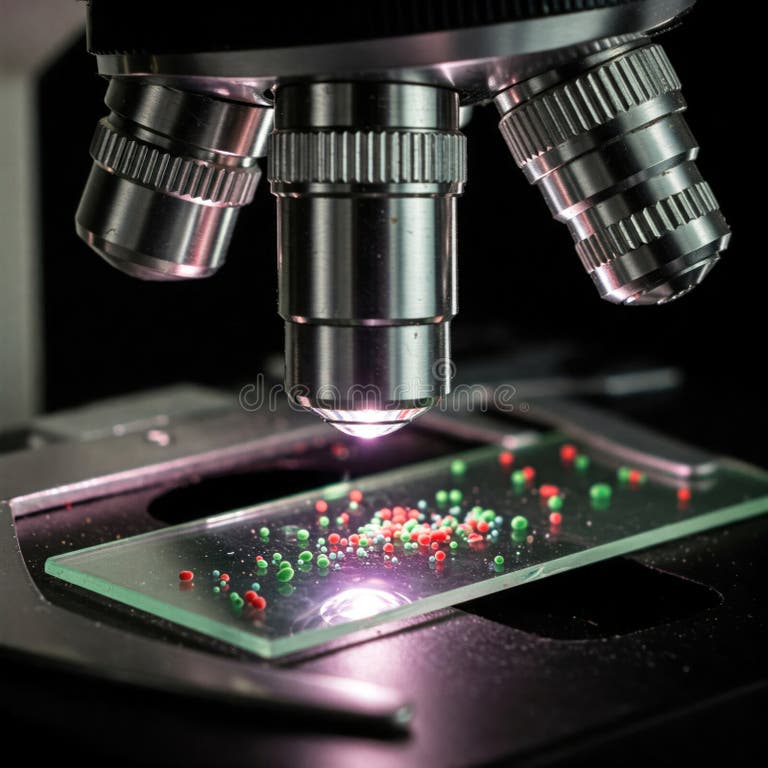 A Microscope and a Microscopic Sample with Particles. Stock Photo ...