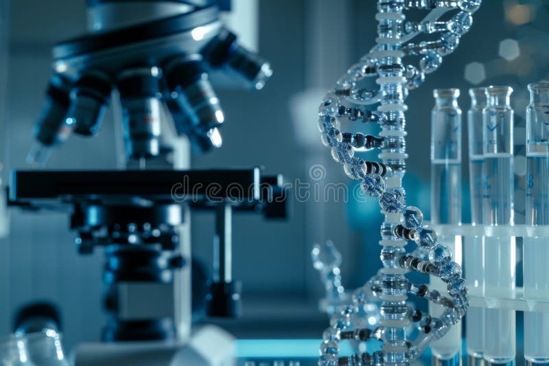 A Microscope and a Model of a Dna are in a Laboratory Stock Photo ...