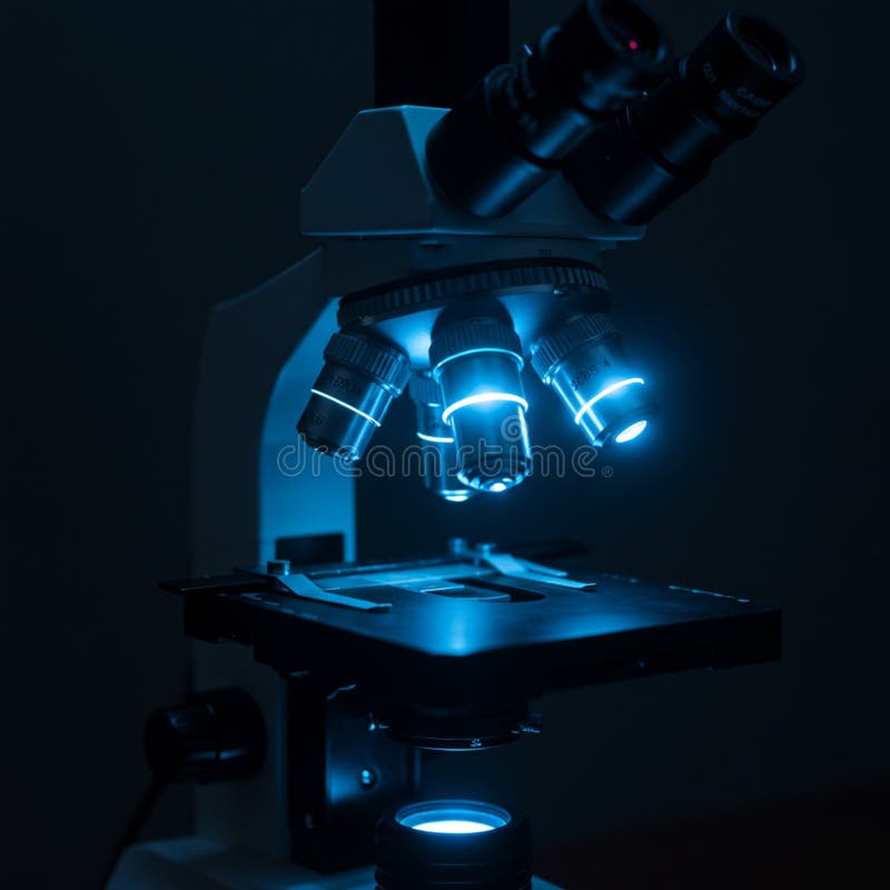 A Microscope with Multiple Objective Lenses, Illuminated by a Blue ...