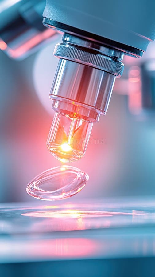 Microscope Objective Lens Examining Biological Sample with Red Light ...