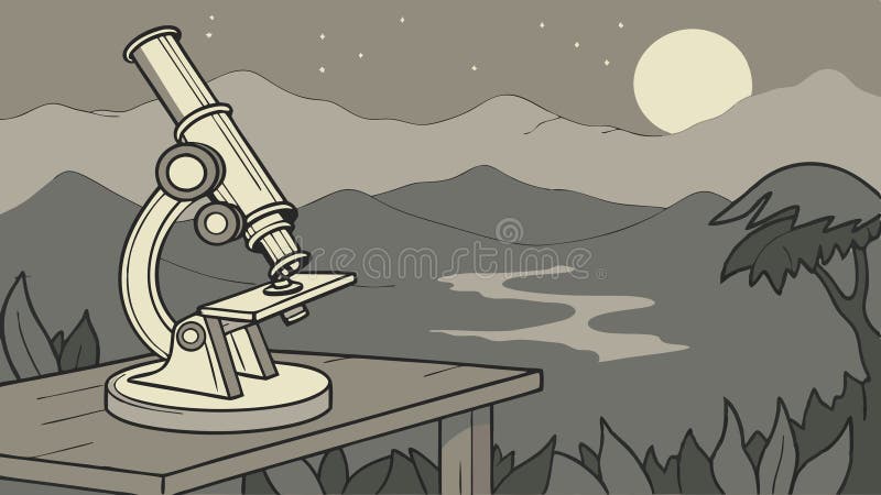 Microscope in Open Field with Moon, Wide Landscape Scientific Vector ...