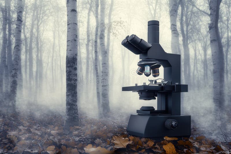Microscope Placed in a Misty Forest Surrounded by Tall Trees and Fallen ...