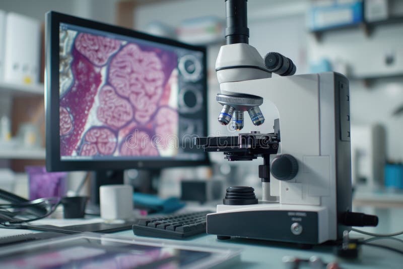 A Microscope is Placed on Top of a Desk Next To a Computer. Suitable ...