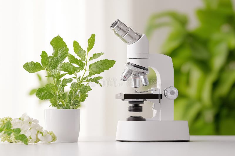 Microscope Placed beside Vibrant Mint Plant on Clean White Table ...