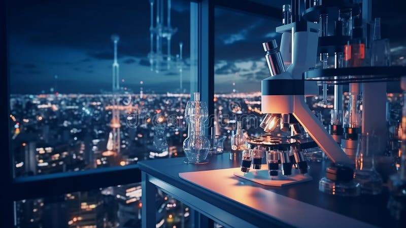 Microscope in a Research Lab at Night, Generative AI Stock Illustration ...