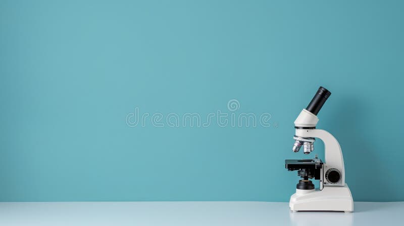 Microscope in Research Laboratory on Light Blue Background, Banner ...