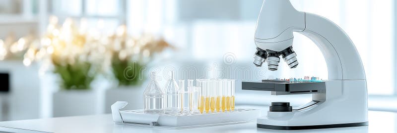 Microscope Rests on Laboratory Table with Test Tubes and Flasks Filled ...