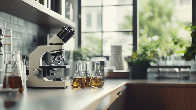 A Microscope Rests on a Pristine White Counter, Perfect for Medical or ...