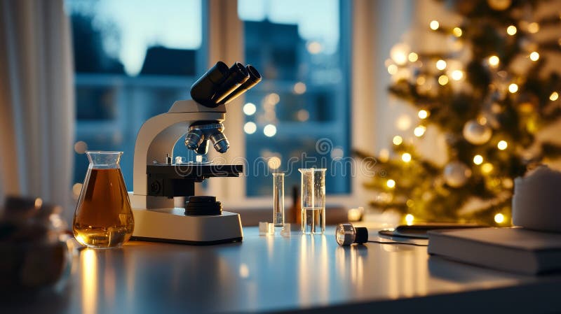 A Microscope Rests on the Table, with the Glow of Christmas Tree Lights ...