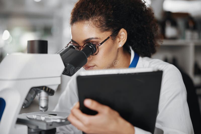 Microscope, Sample and Tablet with Scientist Woman in Laboratory for ...