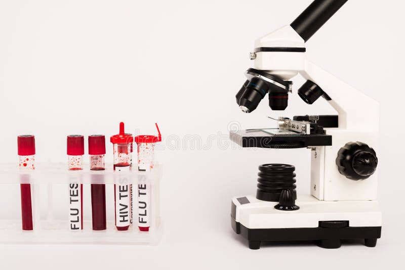 Microscope with Samples in Laboratory. Close Up of Examining of Test ...