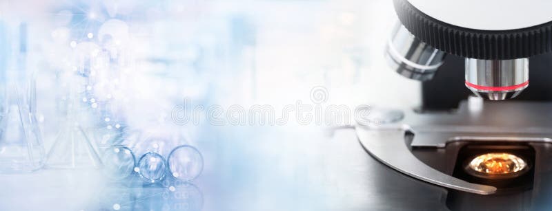 Microscope in Science Research Lab with Blue Test Tune Banner ...