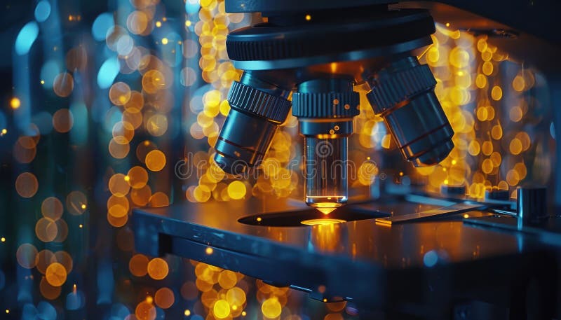 A Microscope is Shown with a Blurry Background of a Pattern of Lights ...