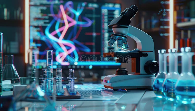 A Microscope is Shown with a Blurry Background of a Pattern of Lights ...