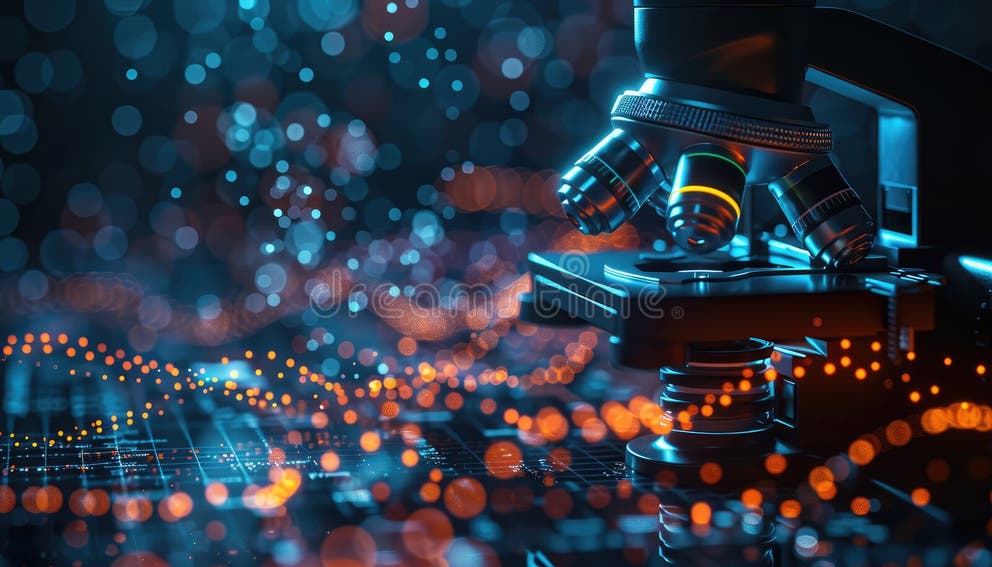 A Microscope is Shown with a Blurry Background of a Pattern of Lights ...