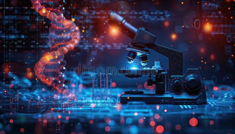A Microscope is Shown with a Blurry Background of a Pattern of Lights ...