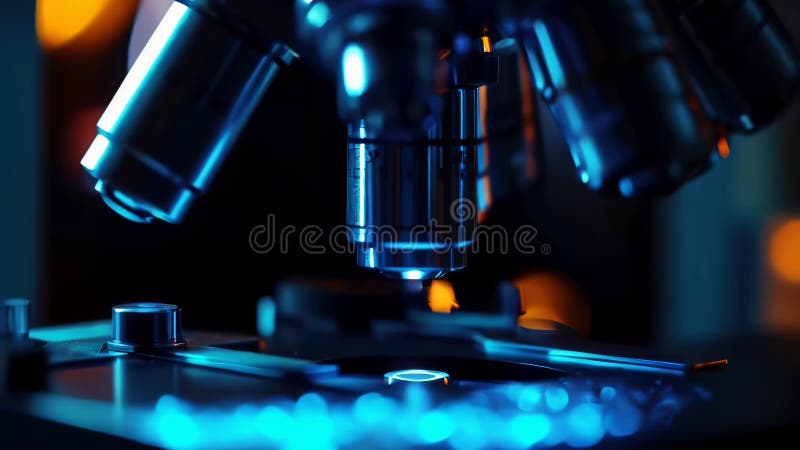 A Microscope is Shown in a Dark Room with a Blue Light Shining on it ...