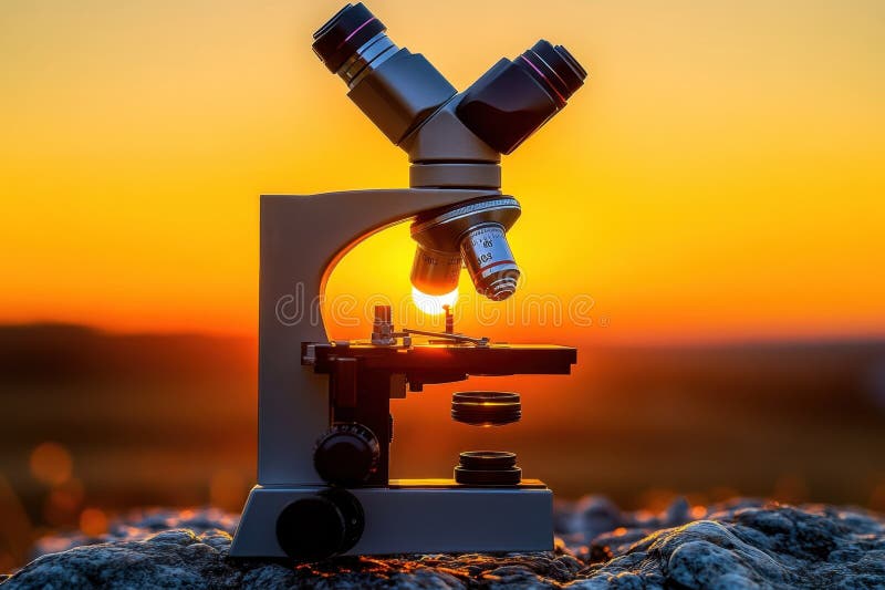 Microscope Silhouetted Against a Vibrant Sunset Sky Over a Natural ...