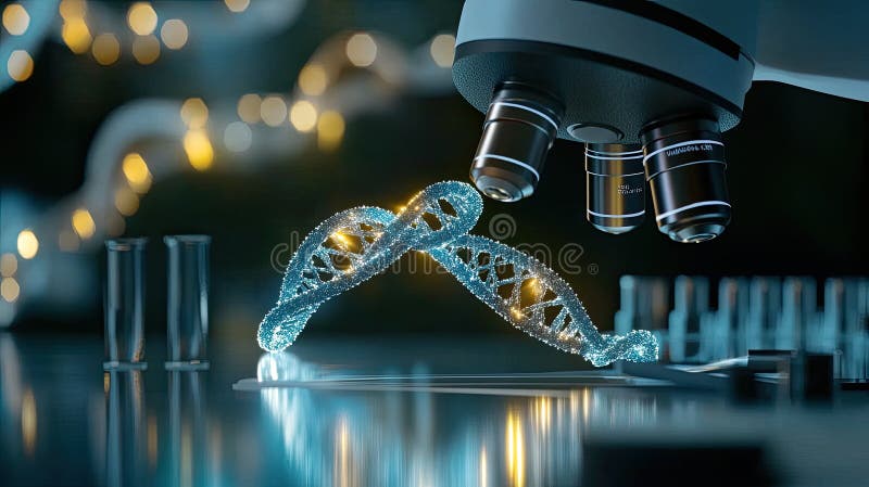 A Microscope Sits Alongside Test Tubes, Highlighting DNA Strands in a ...