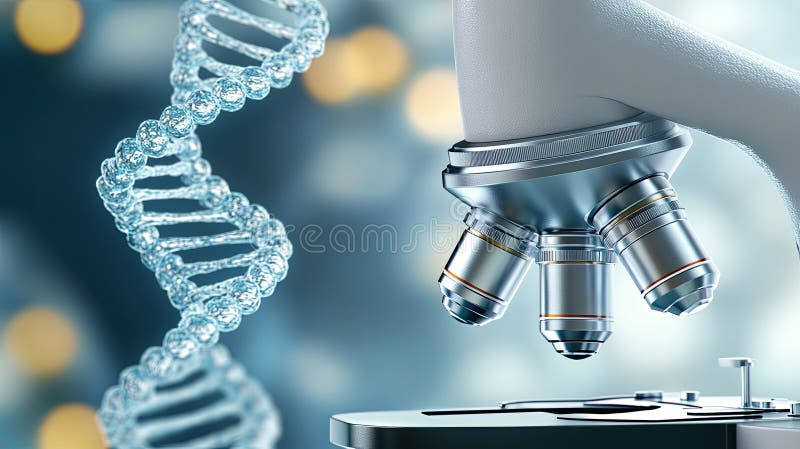 A Microscope Sits Alongside Test Tubes, Highlighting DNA Strands in a ...