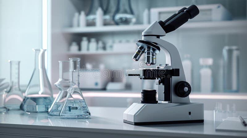 A Microscope Sits on a Clean and Simple White Counter, Ideal for ...