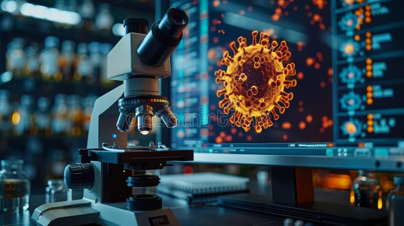 A Microscope Sits in Front of a Computer Screen Displaying a Digital ...