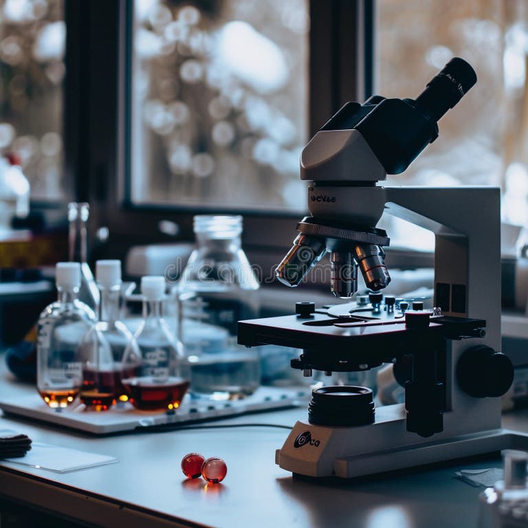 A Microscope Sits on a Lab Table with Beakers in the Background. Stock ...