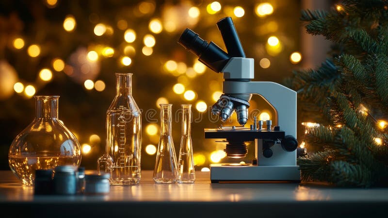 A Microscope Sits on a Table with Christmas Tree Lights Glowing in the ...