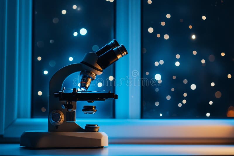 A Microscope is Situated by a Window that Displays a Starry Night Sky ...