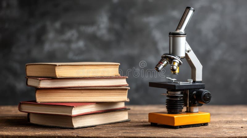 Microscope beside Stacked Books on Wooden Table in a Study Setting ...