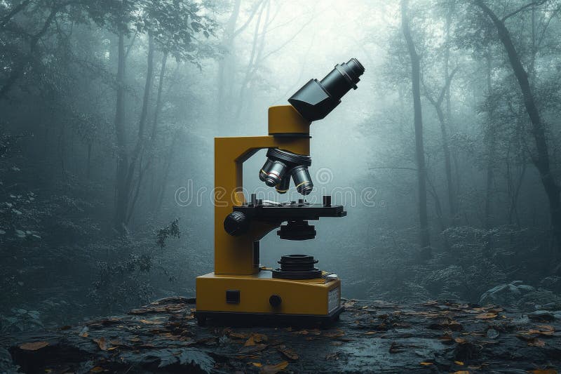 Microscope Standing in a Misty Forest Showcasing a Blend of Nature and ...