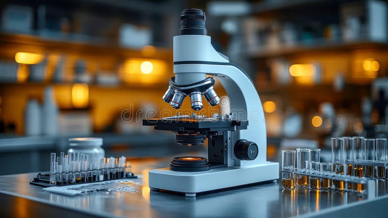 A Microscope Stands in the Center of a Sterile Lab, with Sparkling ...