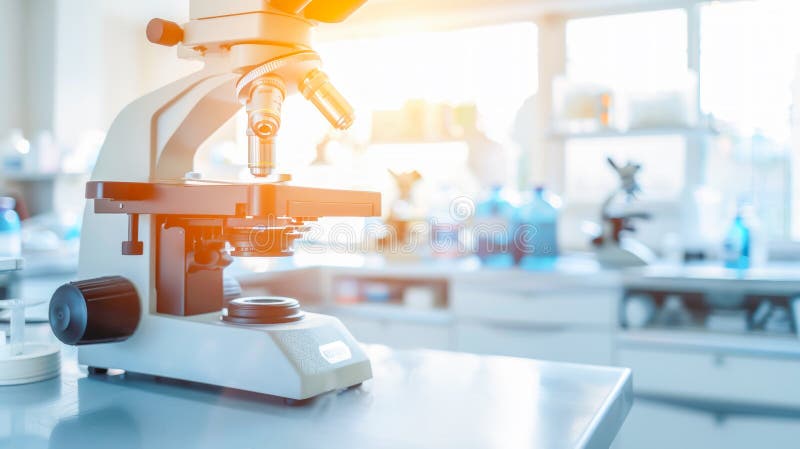 Microscope Stands on Clean Lab Bench, Bathed in Soft Sunlight Stock ...